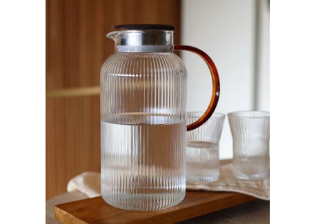 Ogo Living - Karl Geribbelde Borosilicaatglazen Waterkaraf met Houten ...